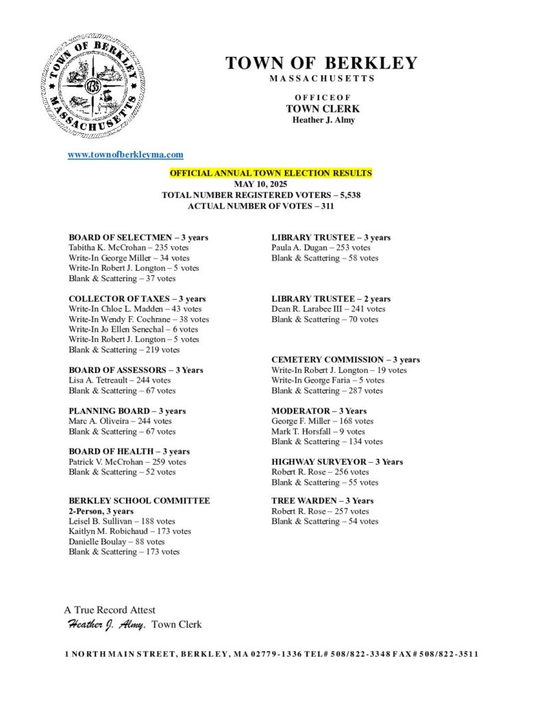2025 Annual Town Election Official Results – Town of Berkley, Massachusetts